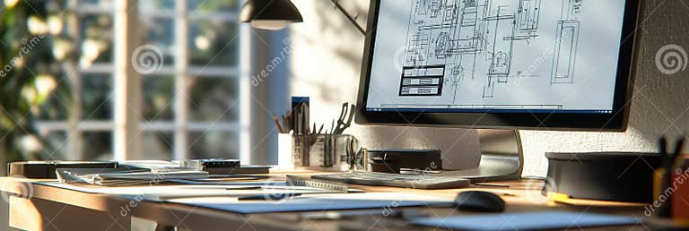Modern Engineering Desk with Drafting Tools and Design Plans in a ...