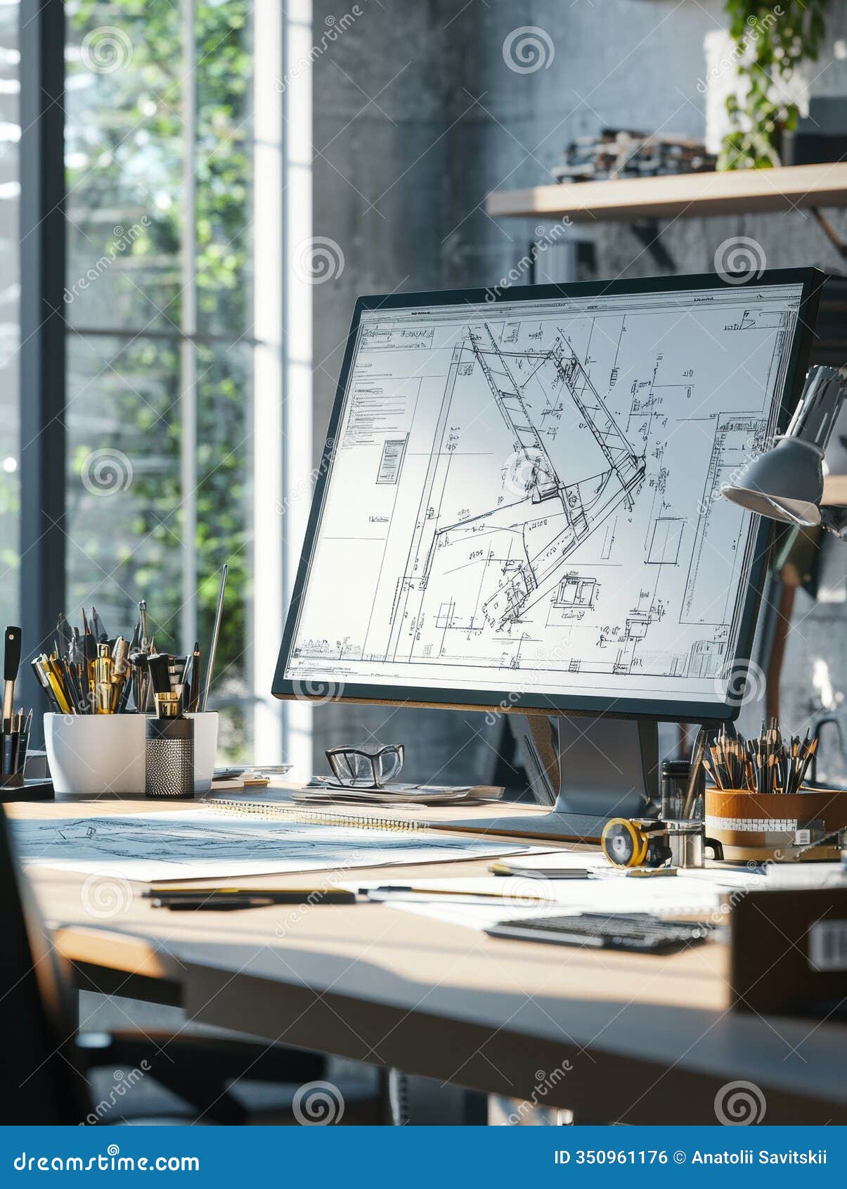 Modern Engineering Desk Featuring a Blueprint on Display with Tools and ...