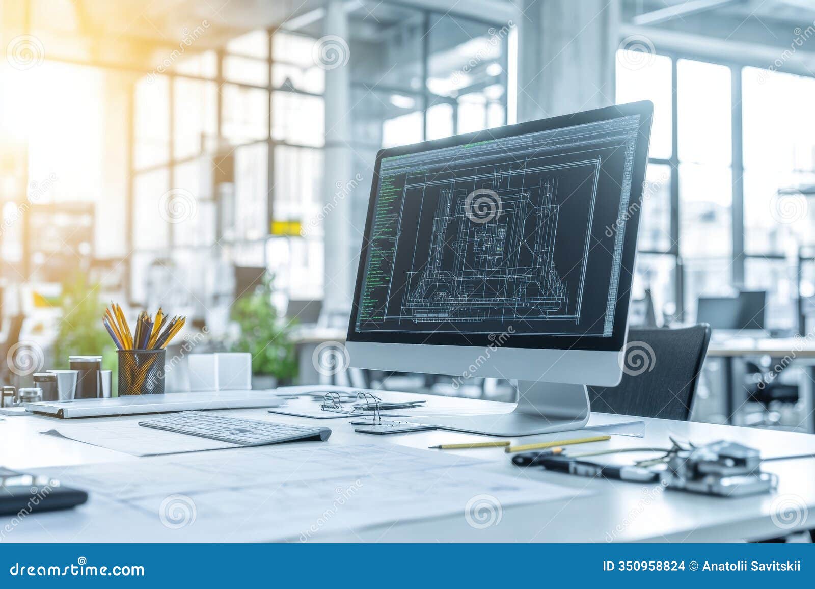 Modern Engineering Desk Featuring a Computer with Technical Drawings ...