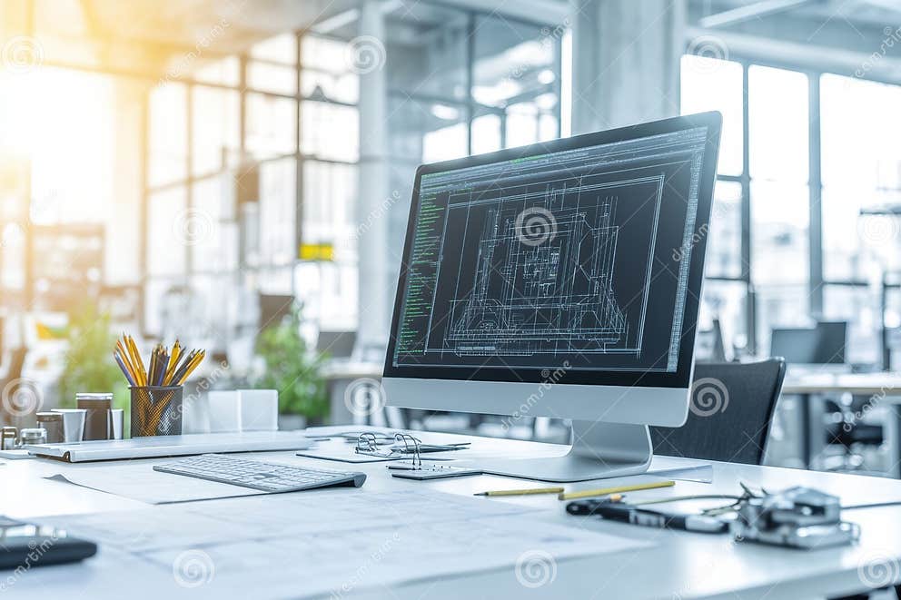 Modern Engineering Desk Featuring a Computer with Technical Drawings ...