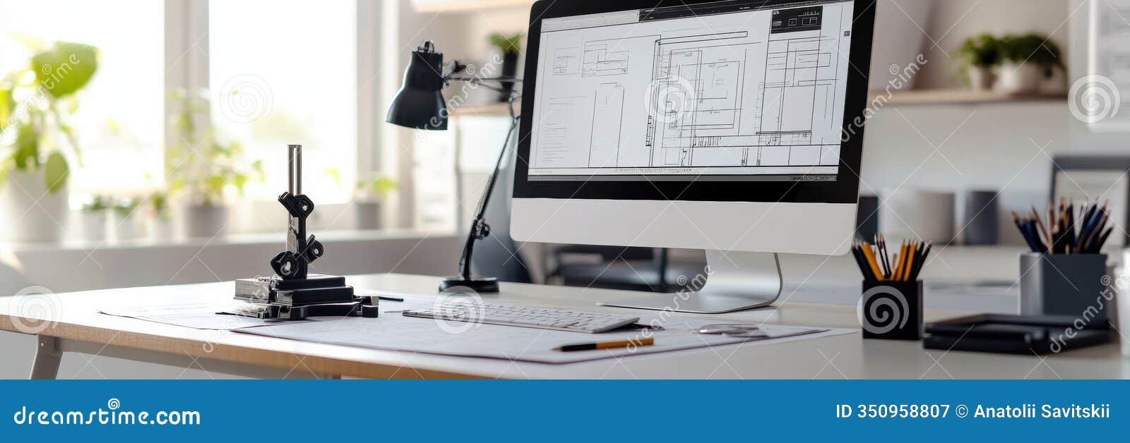 Modern Engineering Desk Setup with Architectural Plans and Bright ...