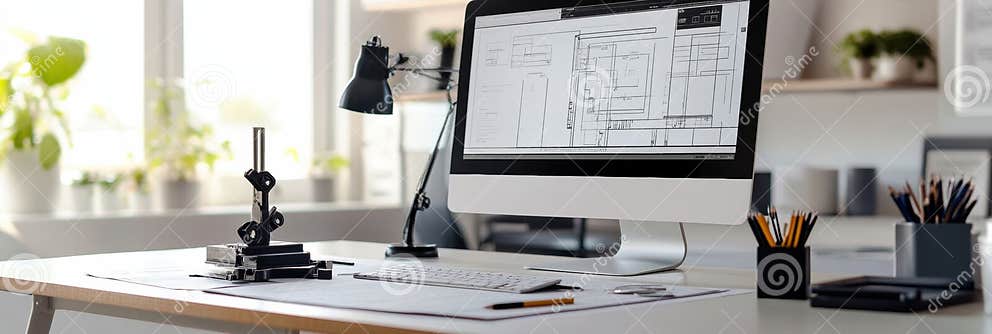 Modern Engineering Desk Setup with Architectural Plans and Bright ...