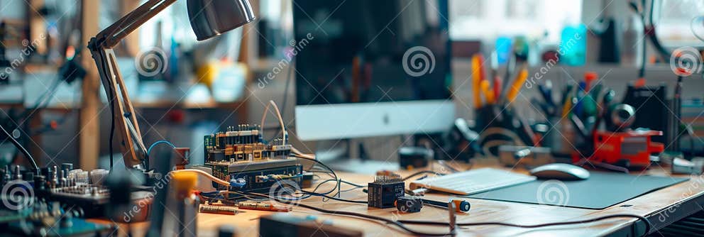 Modern Engineering Lab with Electronic Components and Tools Organized ...
