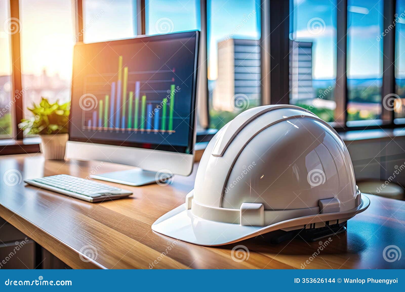 Modern Engineering Workspace Elegant White Safety Helmet and Data ...