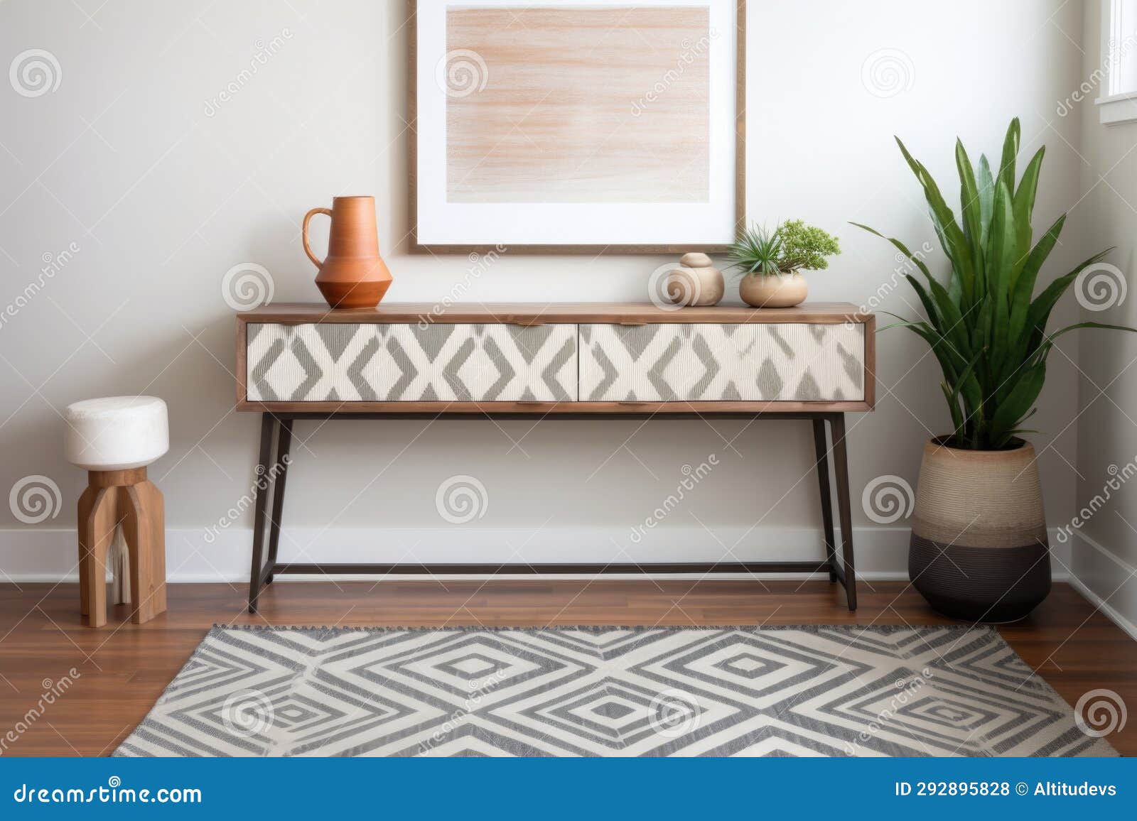 Modern Entryway with Geometric Patterned Rug and a Console Table Stock ...