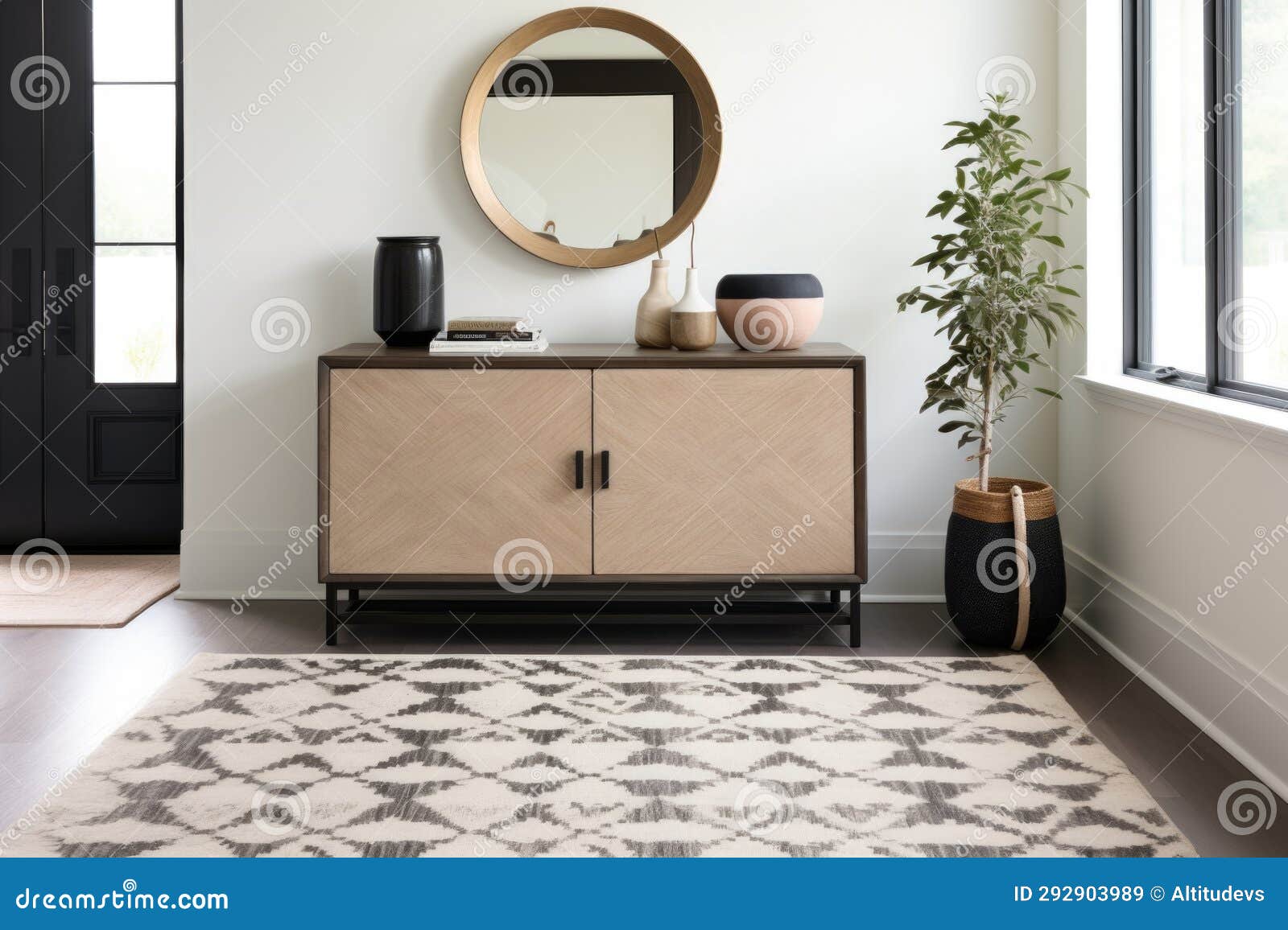 Modern Entryway with Geometric Patterned Rug and a Console Table Stock ...