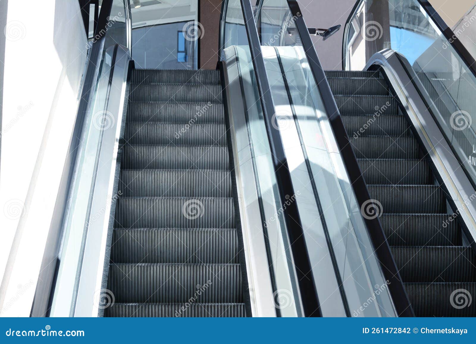 Modern Escalators with Handrails in Shopping Mall Stock Photo - Image ...