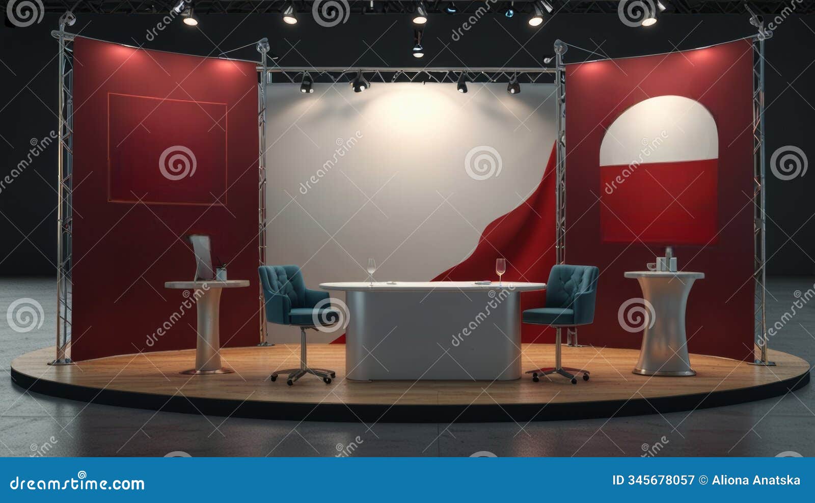 A Modern Exhibition Booth Featuring a Circular Stage, Sleek White Table ...