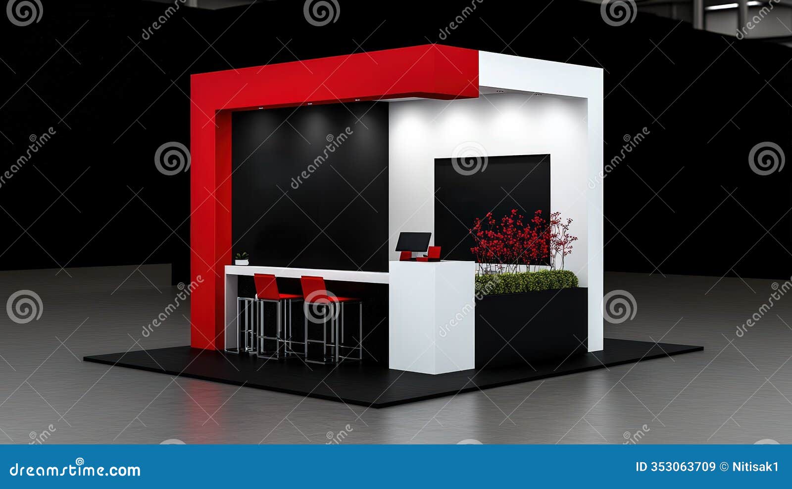 Modern Exhibition Booth with Red and White Design Featuring Seating and ...