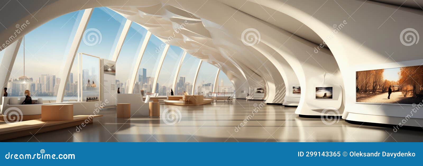 Modern Exhibition Gallery Interior with Panoramic City View. Horizontal ...