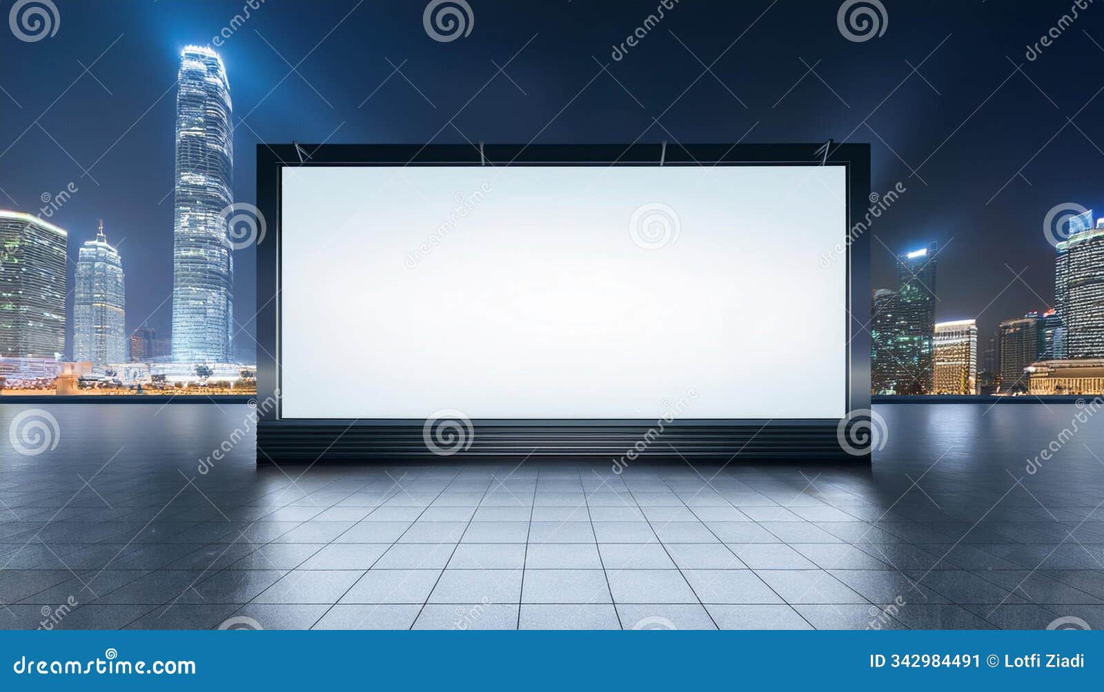 Modern Exhibition Space with Blank Display Screen at Night. 3D ...