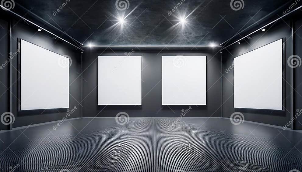 Modern Exhibition Space with Blank Displays in Dark Interior. 3D ...