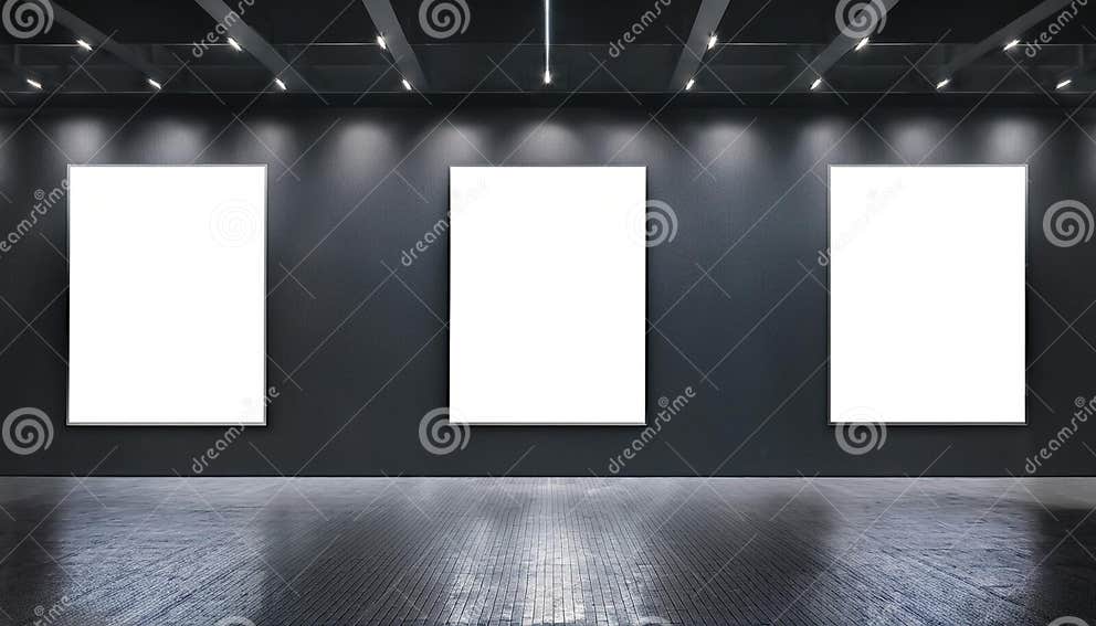 Modern Exhibition Space with Blank Displays in Dark Interior. 3D ...