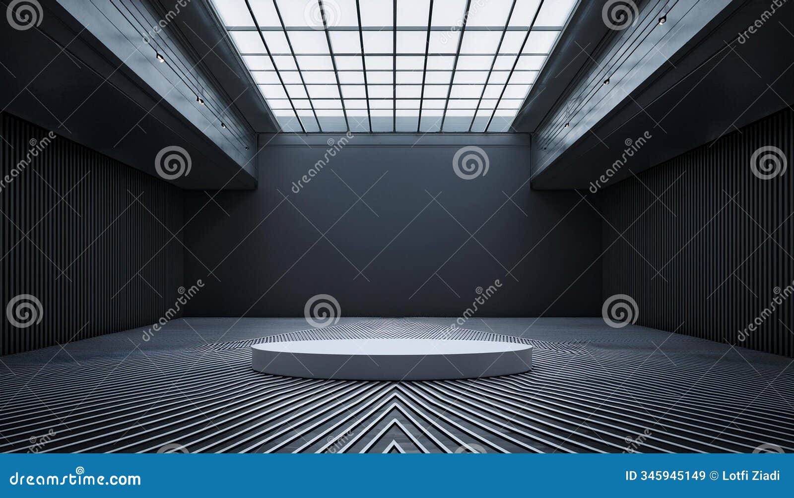 Modern Exhibition Space with Central Podium Under Skylight in Dark ...