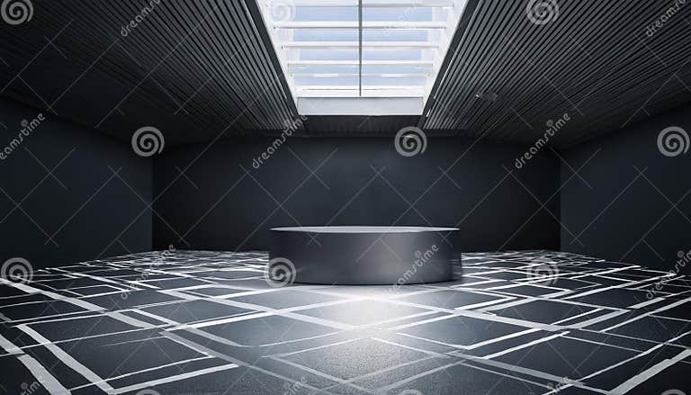 Modern Exhibition Space with Central Podium Under Skylight in Dark ...