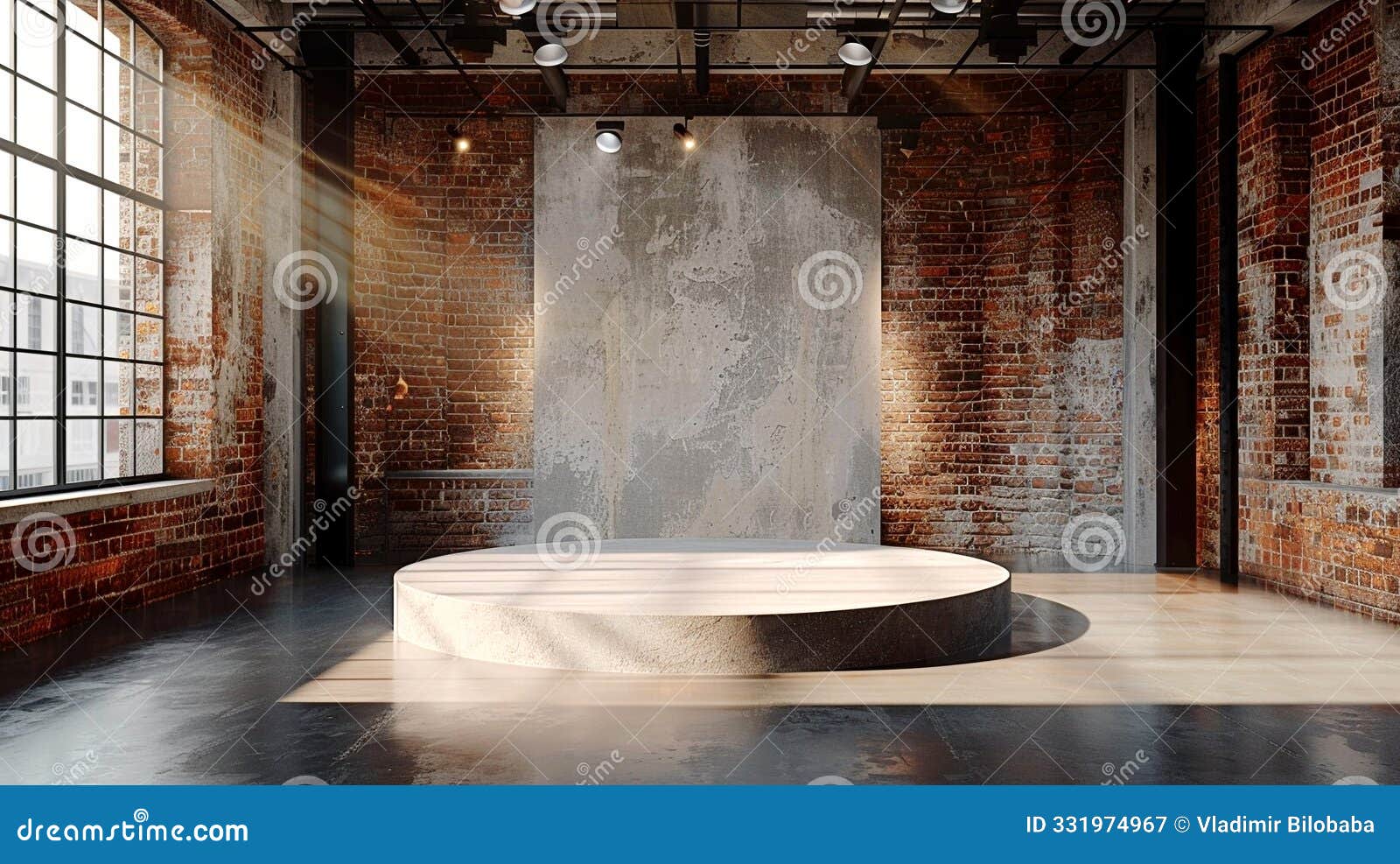 A Modern Exhibition Space with a Circular Platform and Industrial ...