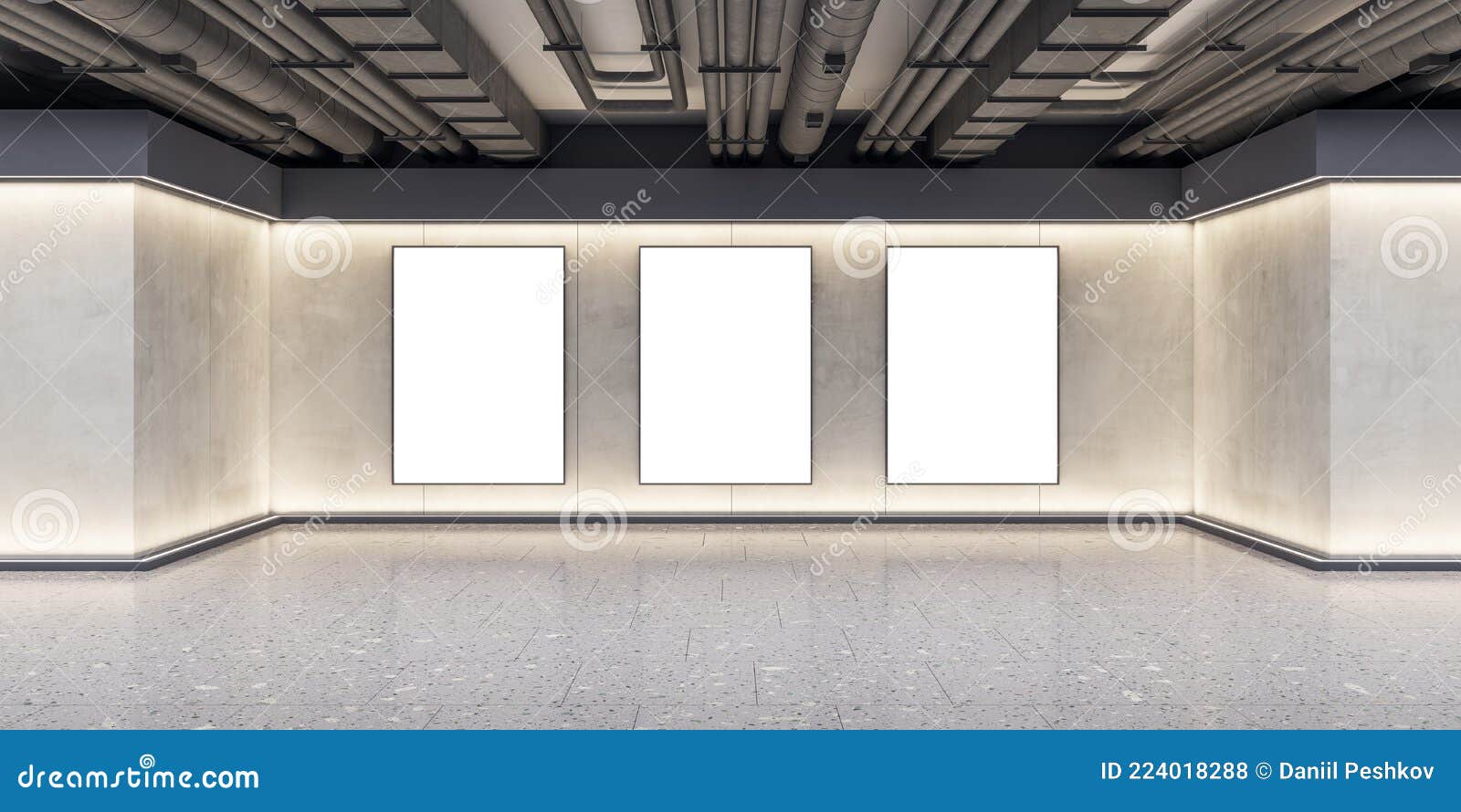 Modern Exhibition Space Concrete Interior with Empty Frames on Wall ...