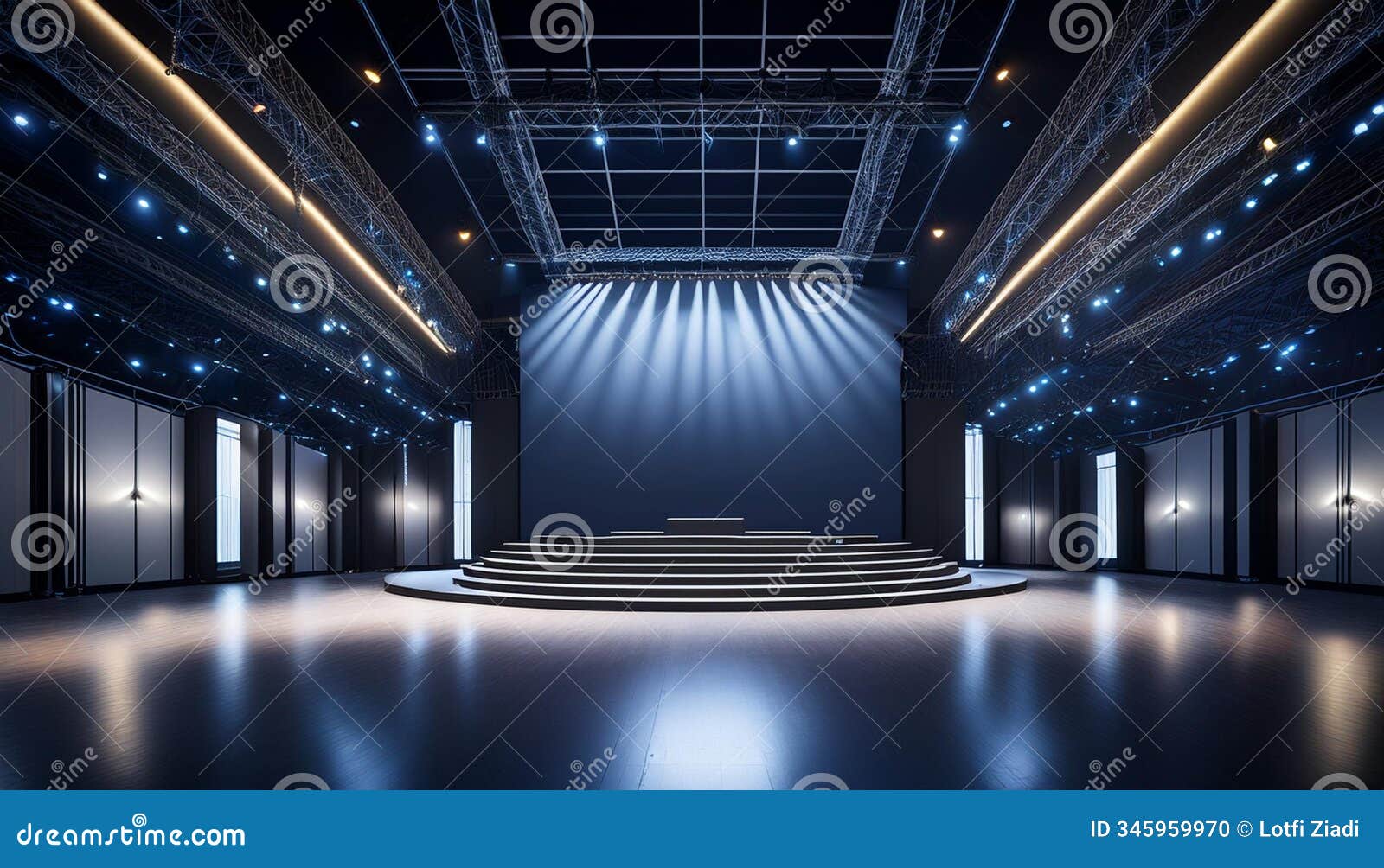 Modern Exhibition Space with Stage and Lighting in a Dark Hall. 3D ...
