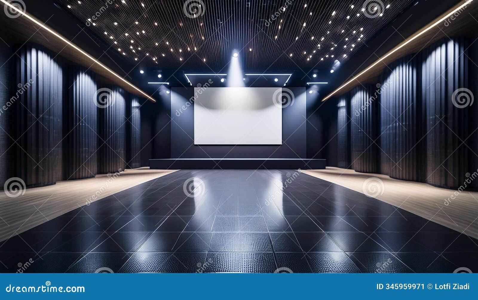Modern Exhibition Space with Stage and Lighting in a Dark Hall. 3D ...