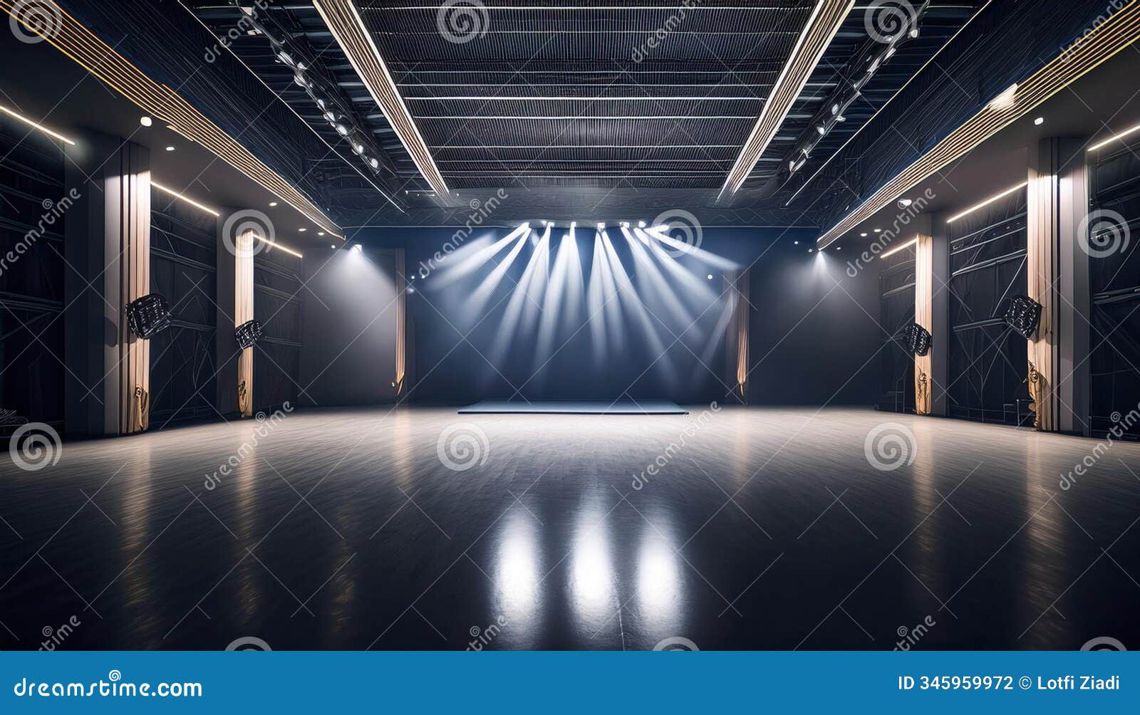 Modern Exhibition Space with Stage and Lighting in a Dark Hall. 3D ...