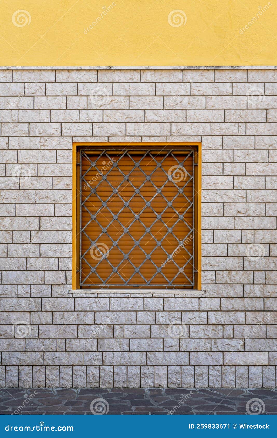 Modern Facade Covered with White Stone Brick and Windows Protected with ...