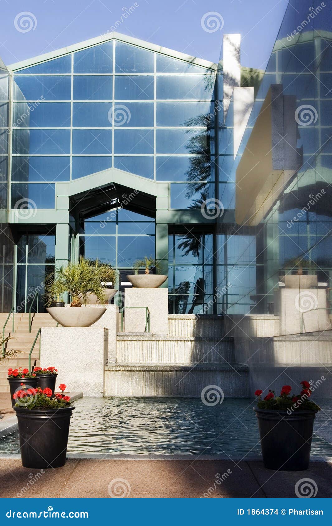 Modern Facade with Waterfall Stock Photo - Image of facility, school ...