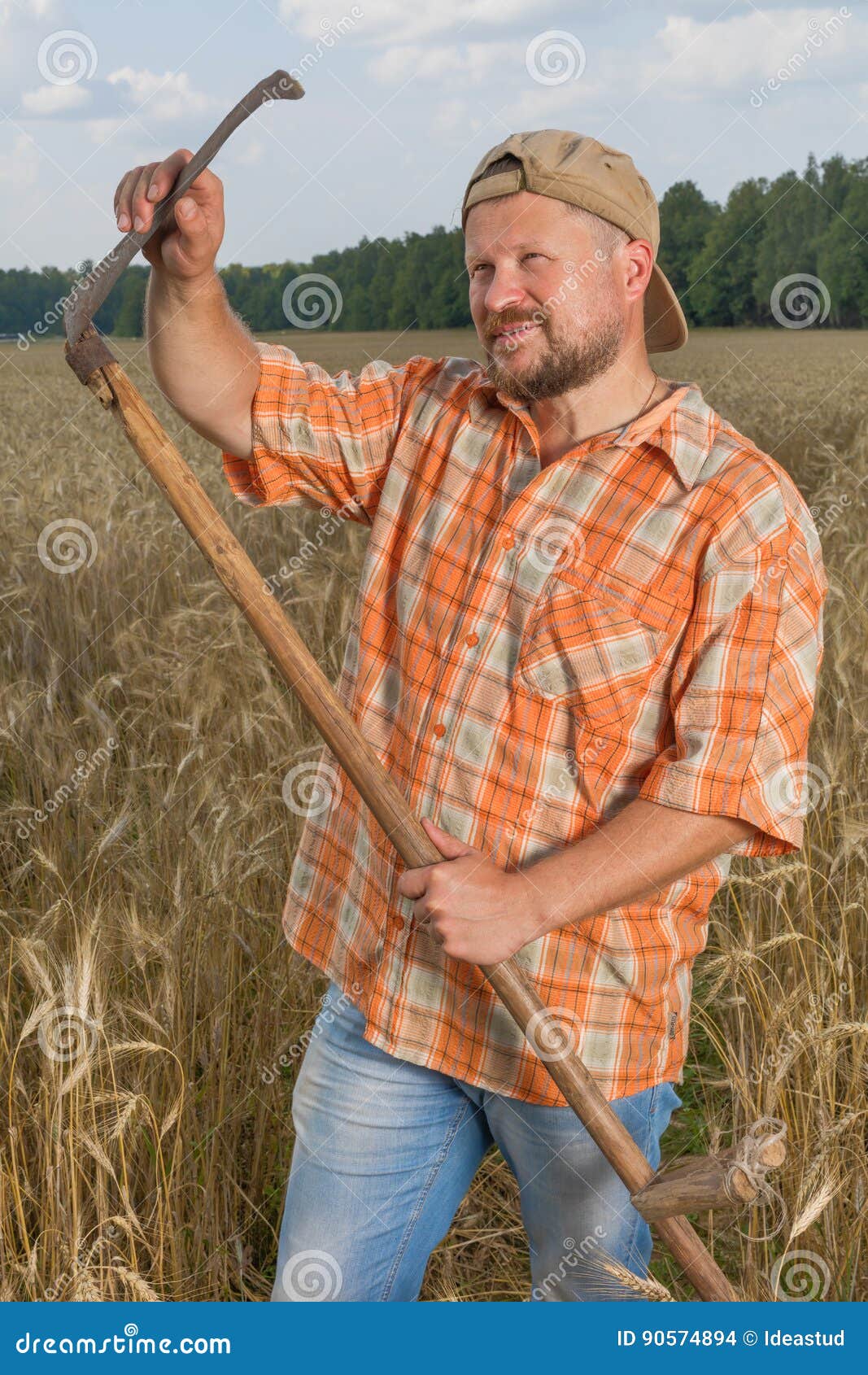 Modern farmer with scythe stock photo. Image of background - 90574894