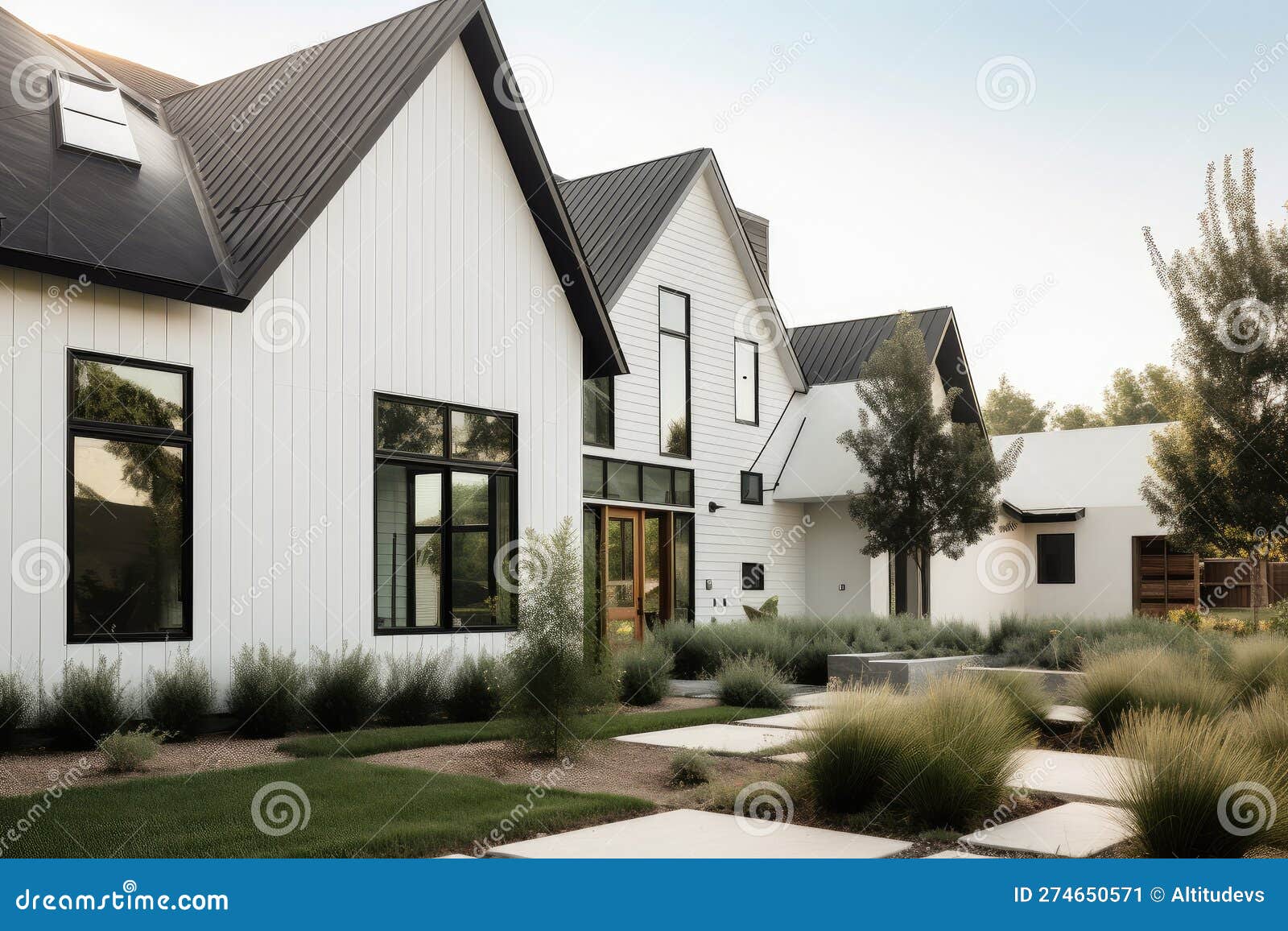 Modern Farmhouse Exterior with Angular Lines and Geometric Shapes Stock ...