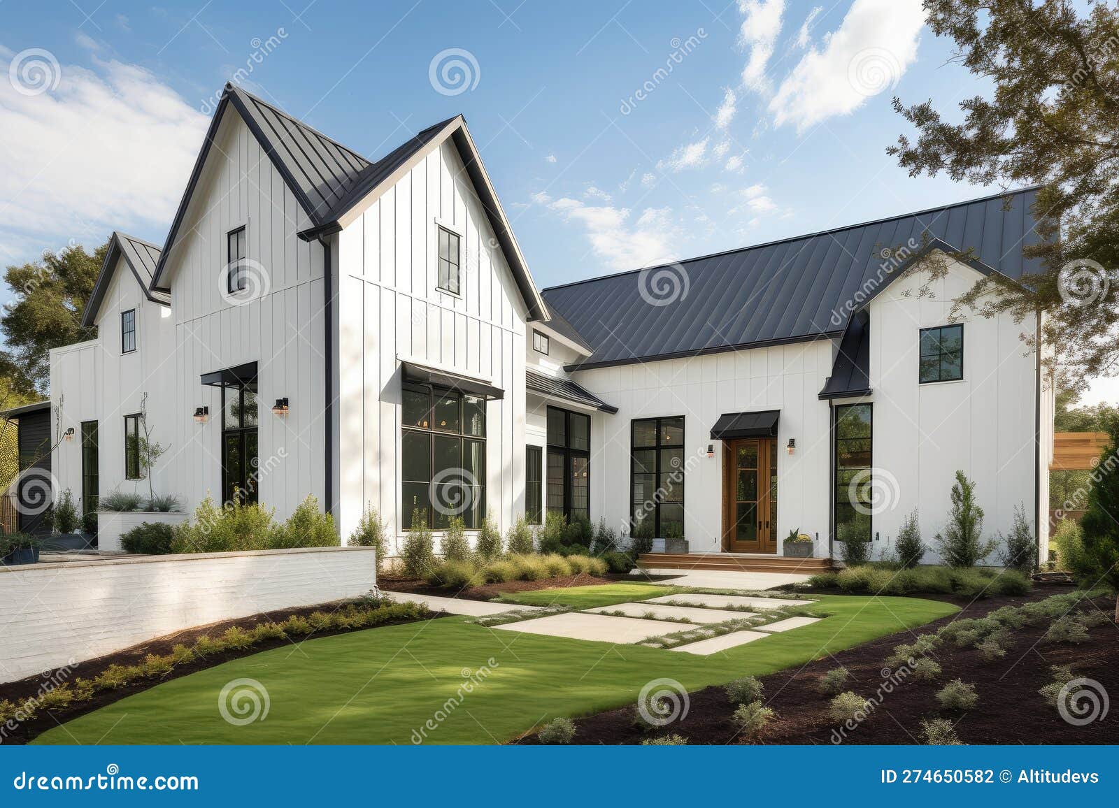 Modern Farmhouse Exterior with Angular Lines and Geometric Shapes Stock ...