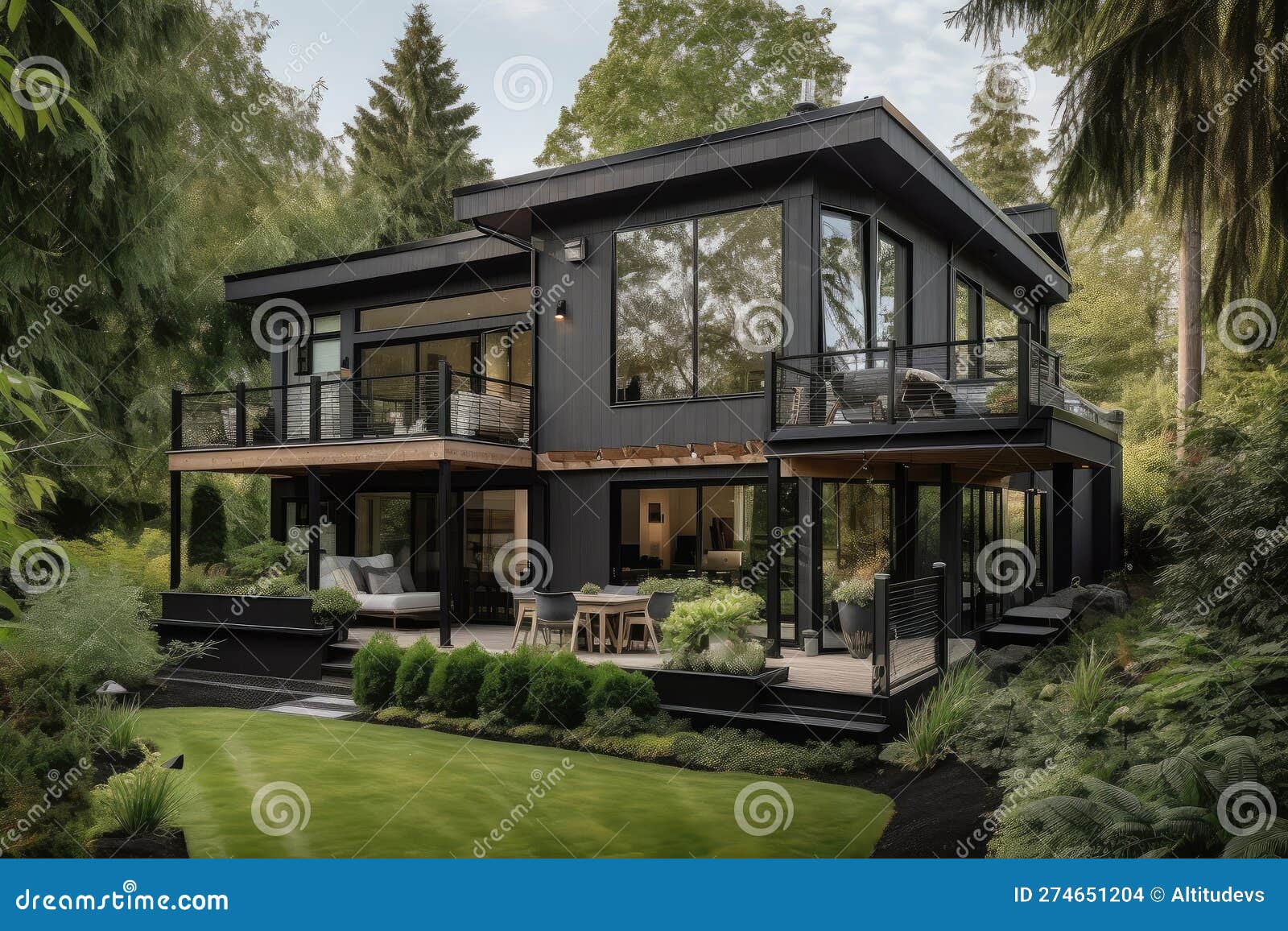 Modern Farmhouse with Wall of Windows and Deck, Overlooking Lush Garden ...