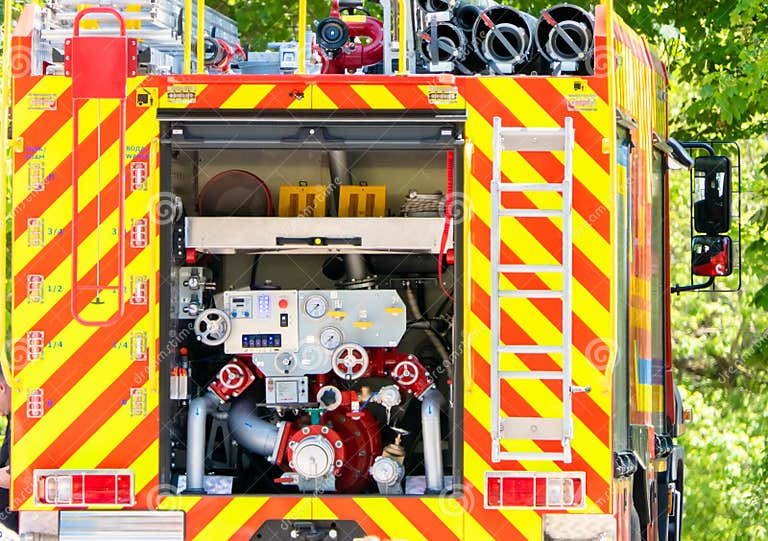 Modern Fire Engine. Rear View of Valves with Hydrants Stock Image ...