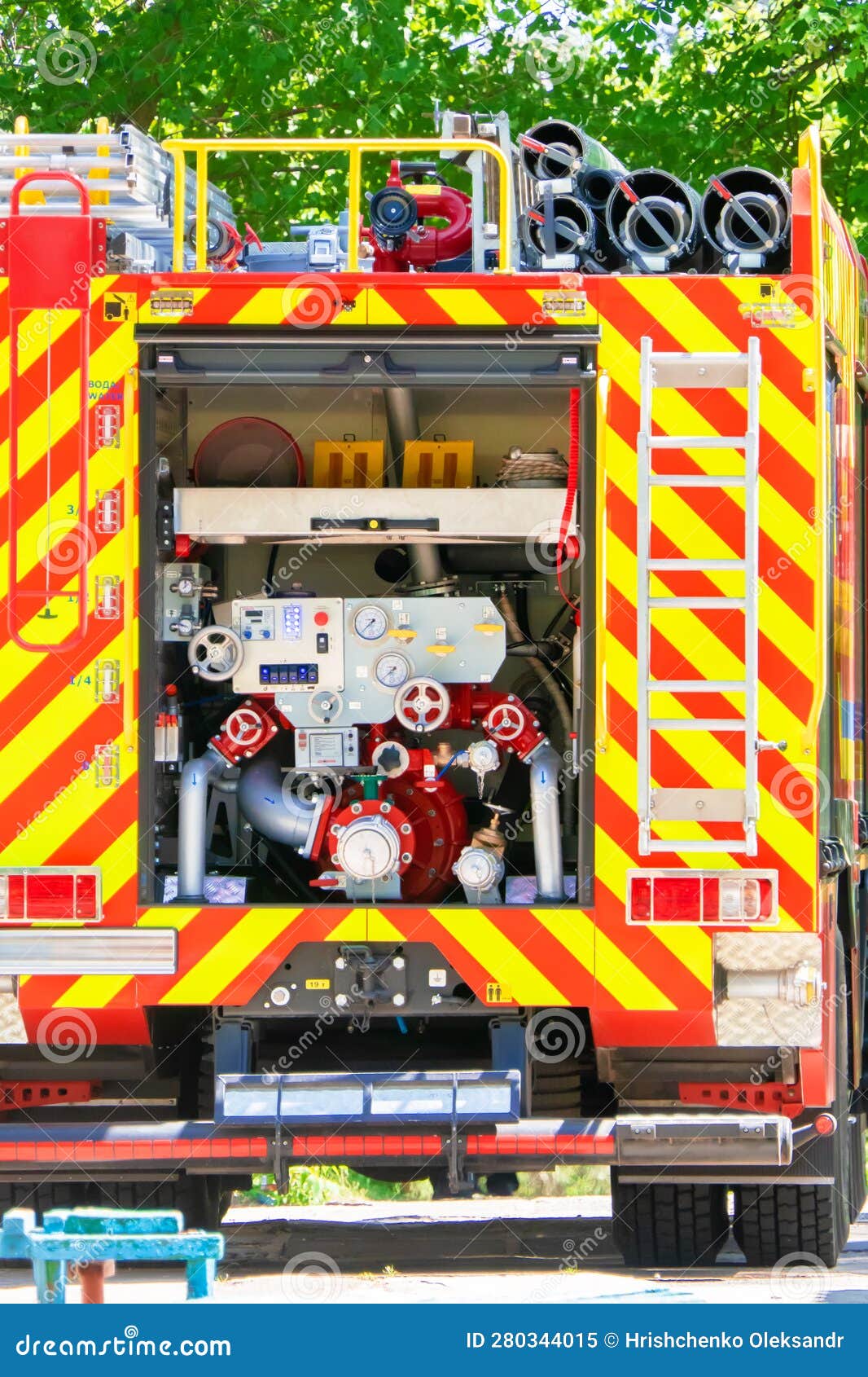 Modern Fire Engine. Rear View of Valves with Hydrants Stock Image ...