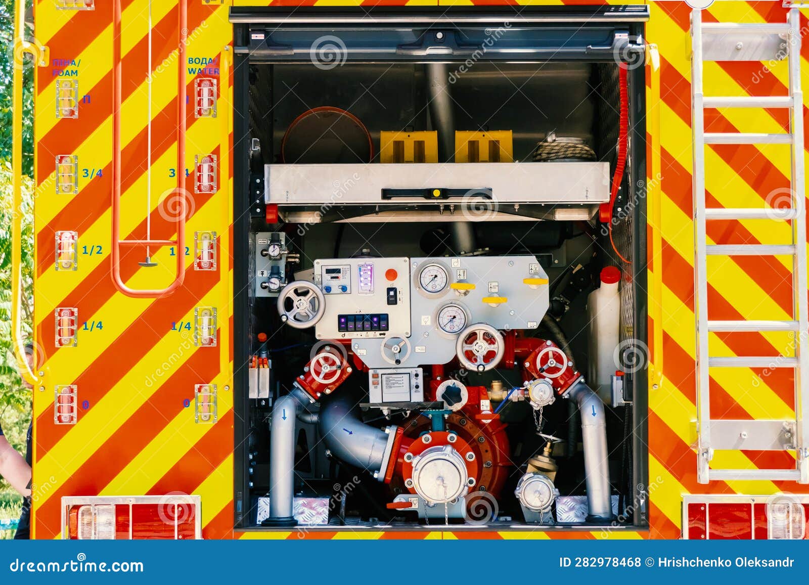 Modern Fire Engine. Rear View of Valves with Hydrants Stock Photo ...