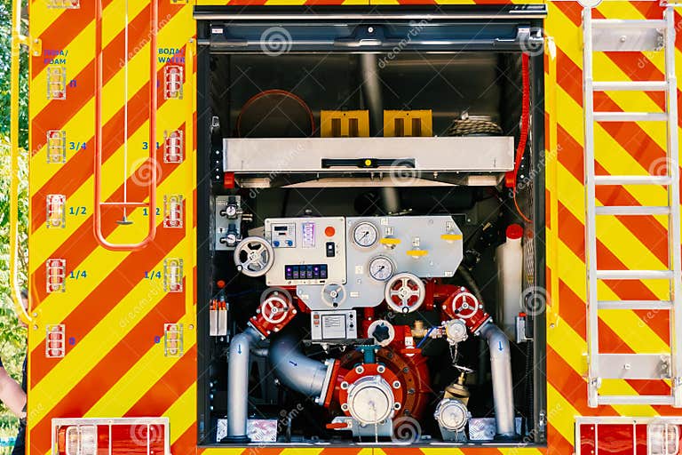 Modern Fire Engine. Rear View of Valves with Hydrants Stock Photo ...
