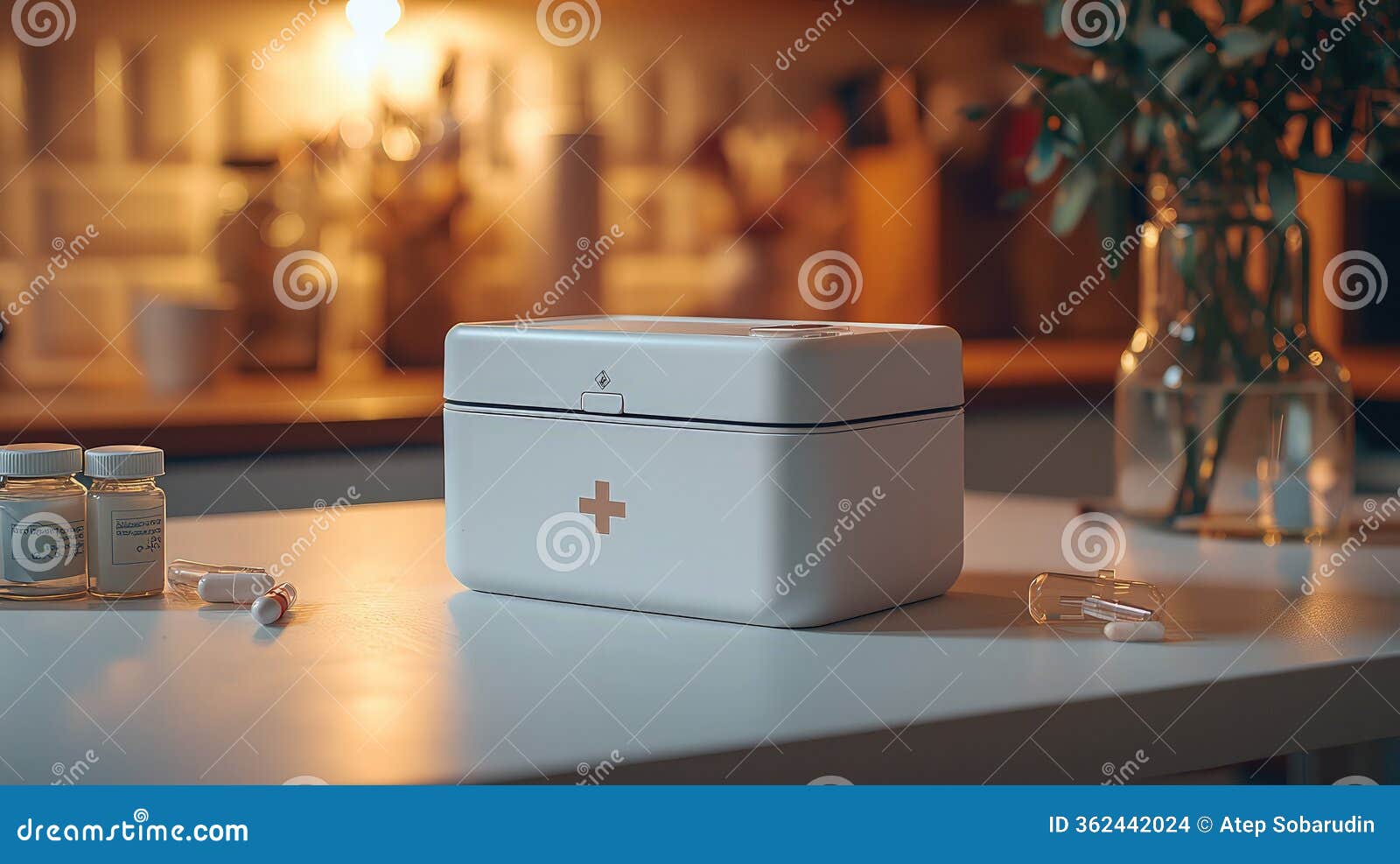 Modern First Aid Kit on Kitchen Counter at Night. Use for Health and ...