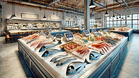 Modern Fish Market Display: Fish, Shellfish, and Crustaceans Stock ...