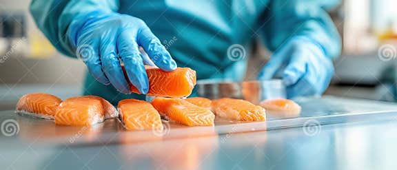 Modern Fish Processing Plant, Workers in Protective Gear Sorting and ...