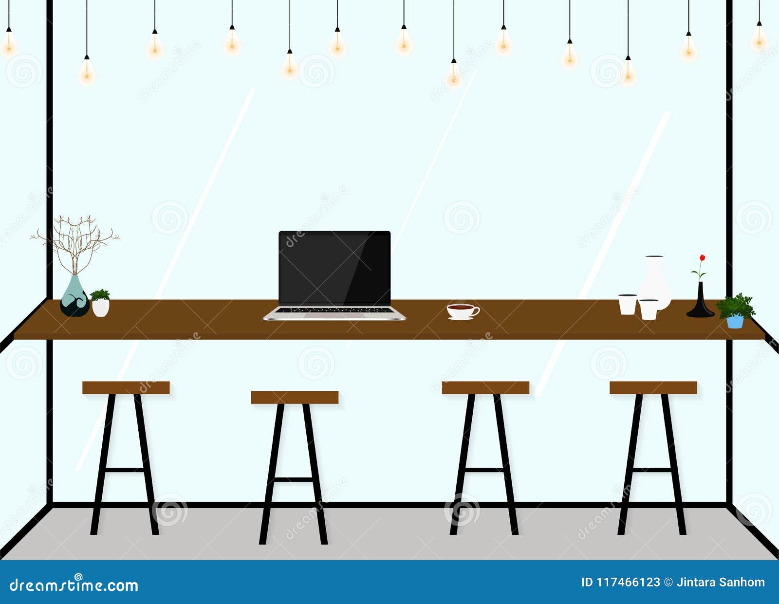Modern Flat Design Coffee Shop Interior. Work in Cafe Stock Vector ...