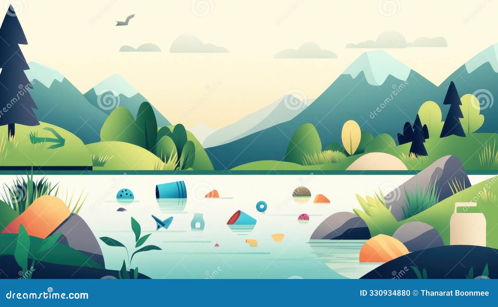 A Modern, Flat Illustration Depicts a River Affected by Microplastic ...