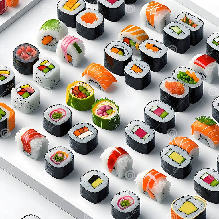 A Modern Flat-lay Illustration of Sushi Rolls Arranged in a Perfect ...