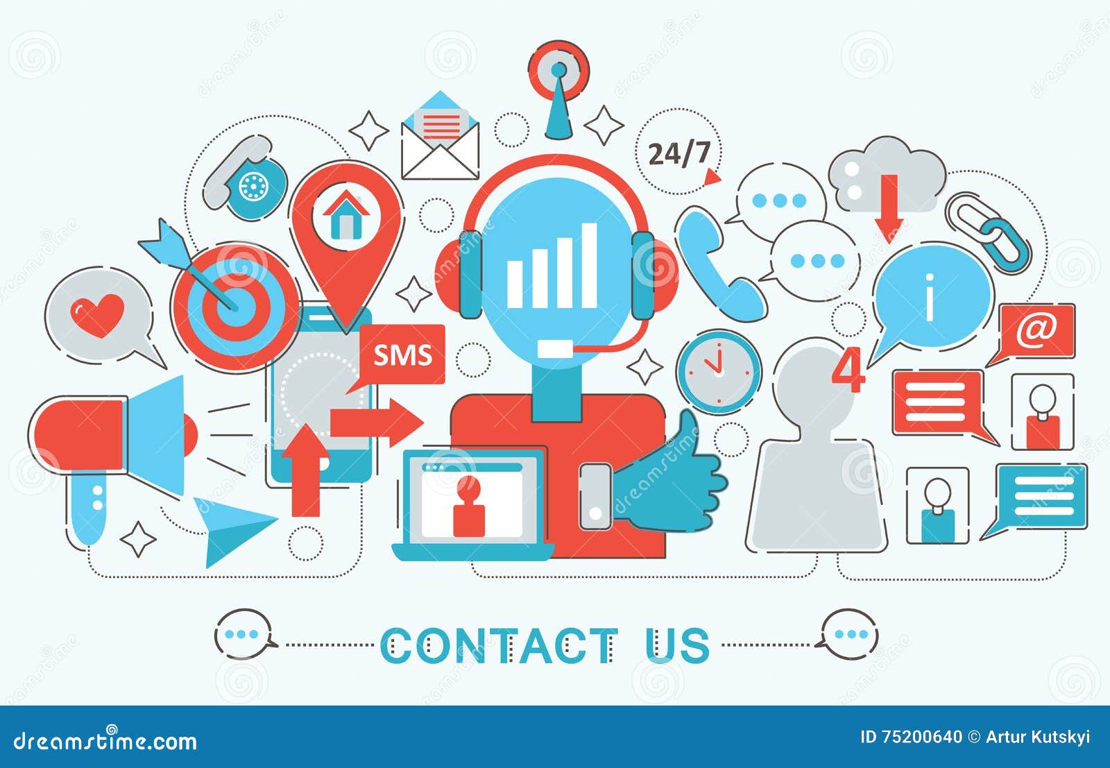 Modern Flat Thin Line Design Contact Us Support Concept for Web Banner ...