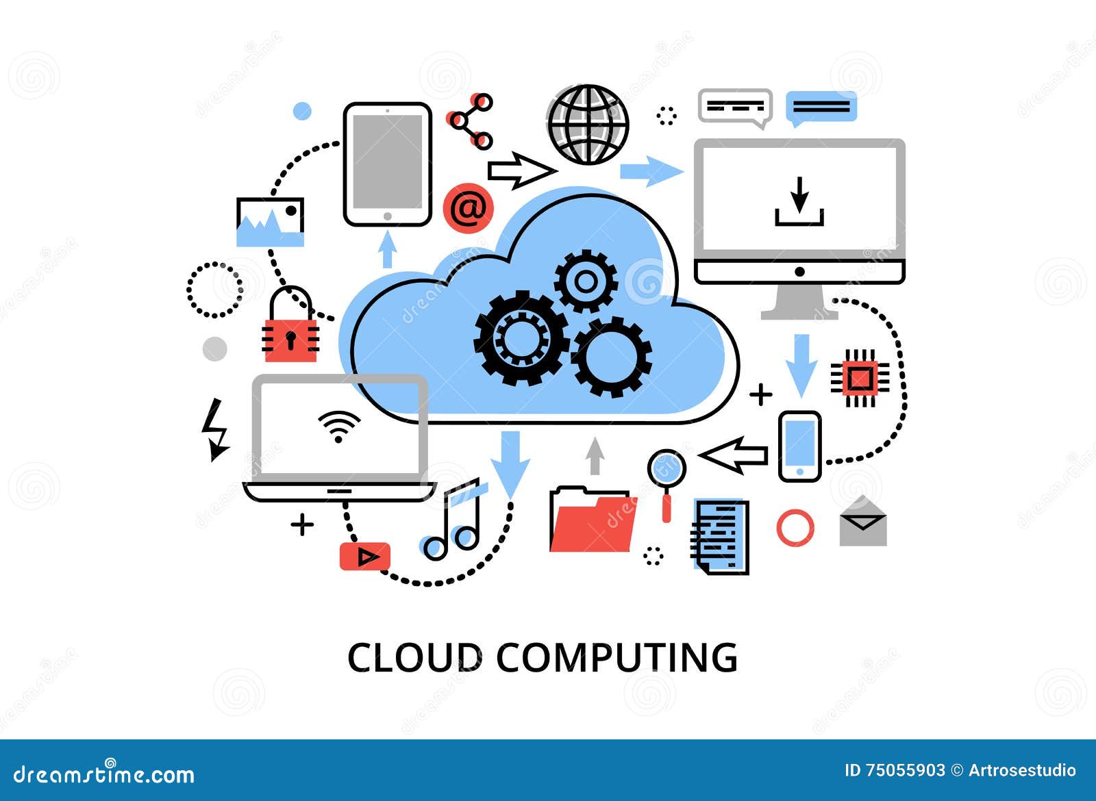 Modern Flat Thin Line Design Vector Illustration, Concept of Cloud ... Modern Flat Thin Line Design Vector Illustration, Concept of Cloud ...