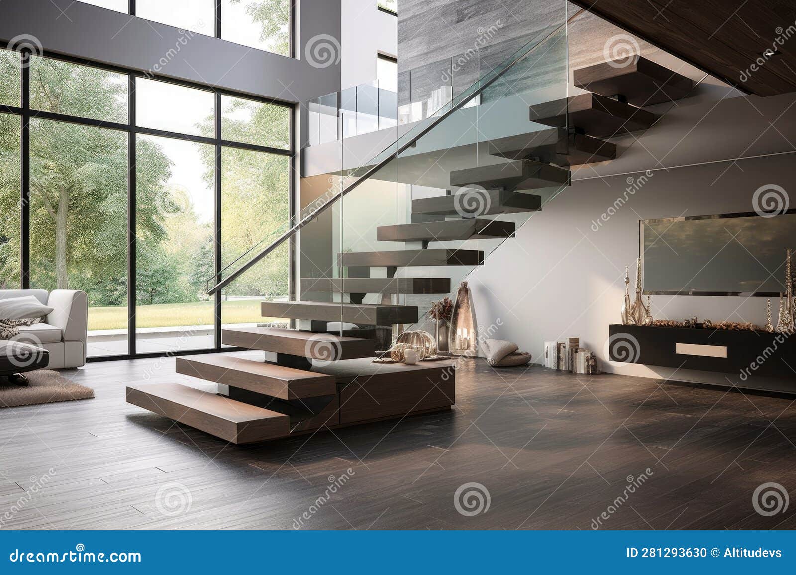 Modern Floating Staircase with Glass Railing Stock Illustration ...