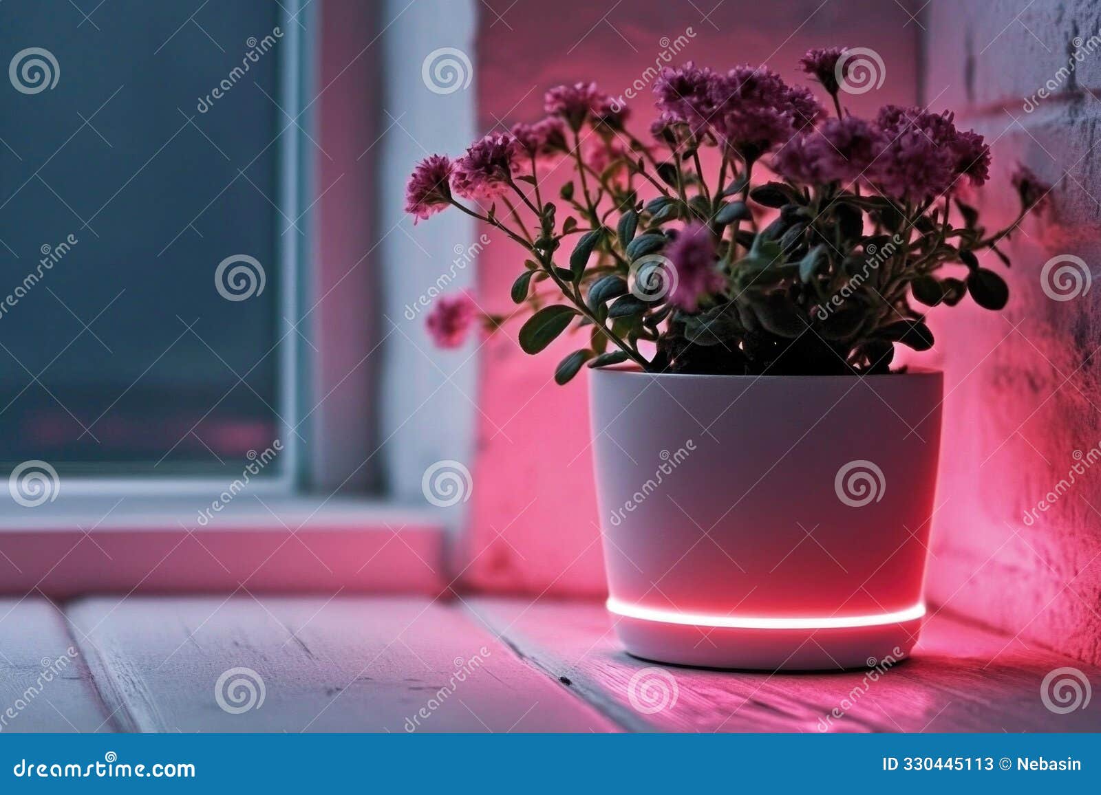 Modern Flower Pot with LED Lighting on Windowsill in Cozy Home Setting ...