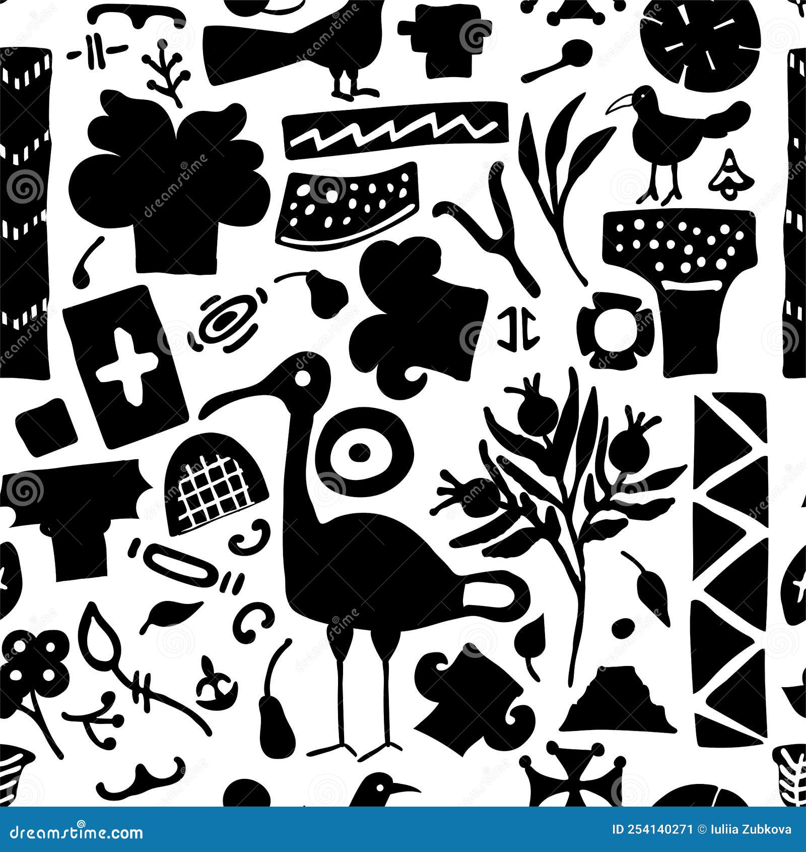 Modern Folklore Black Seamless Pattern. Hand Drawn Abstract ...