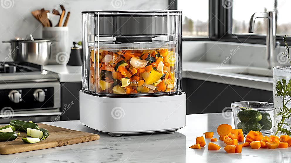Modern Food Processor with Chopped Vegetables in a Kitchen Stock Photo ...