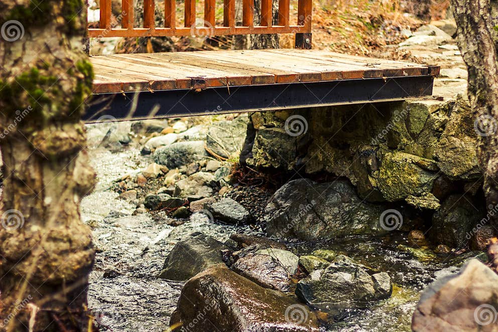 Modern Foot Bridge, in the Mountain Forest, Over a Stream Stock Photo ...