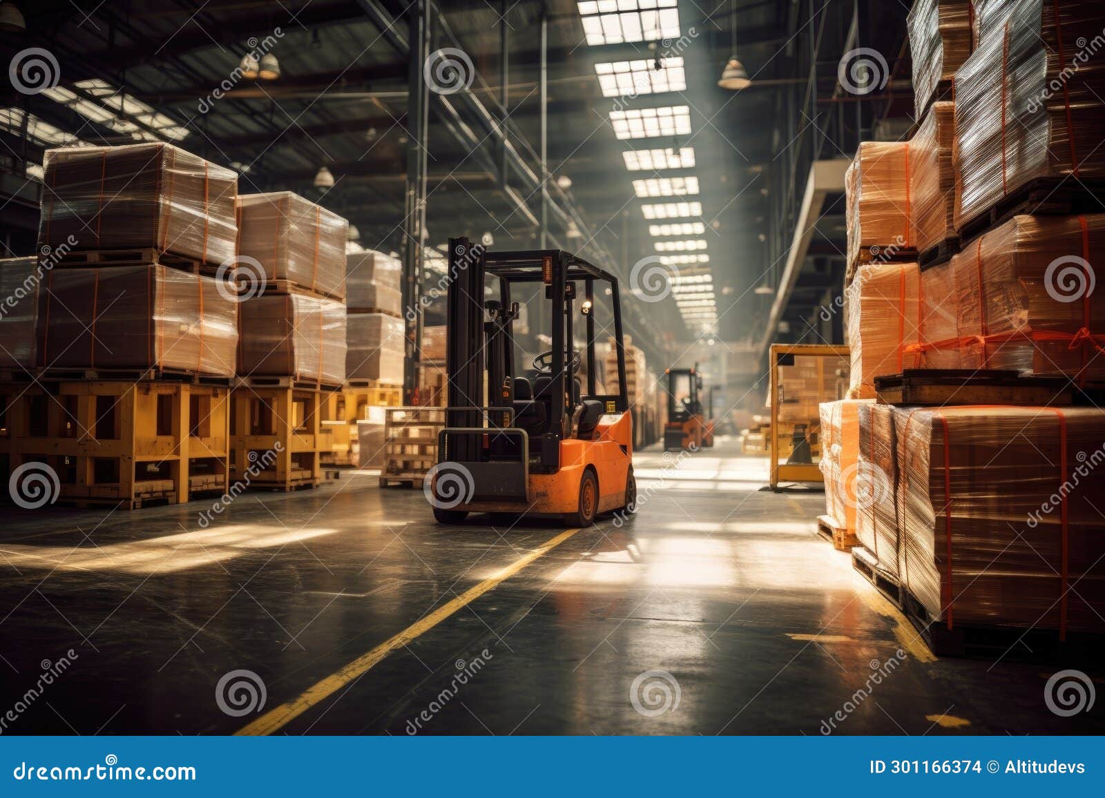 Modern Forklift Moving Crates Inside a Vast Warehouse Stock ...