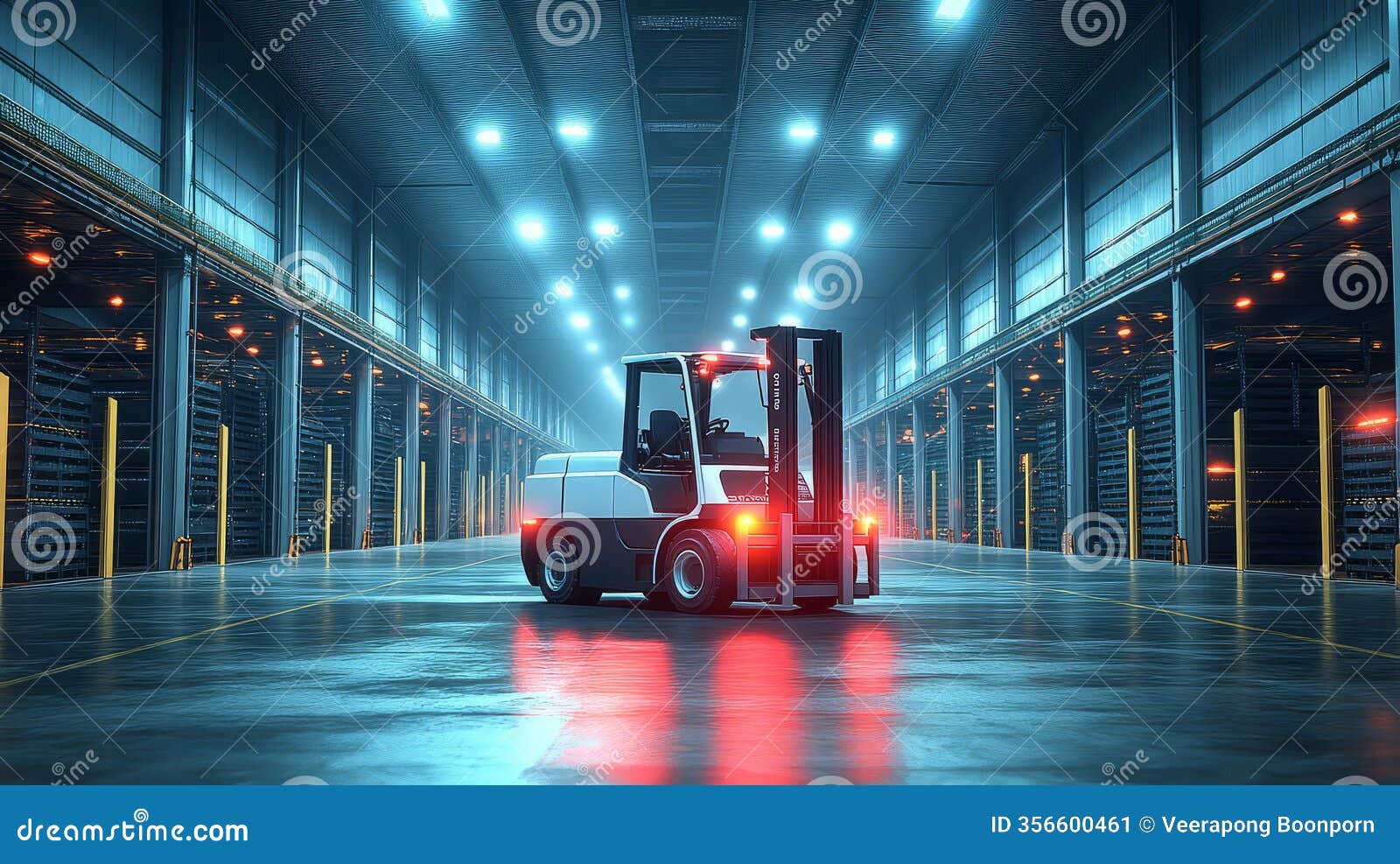 Forklift In Spacious Warehouse, High Ceilings, Dim Lighting, Logistical ...