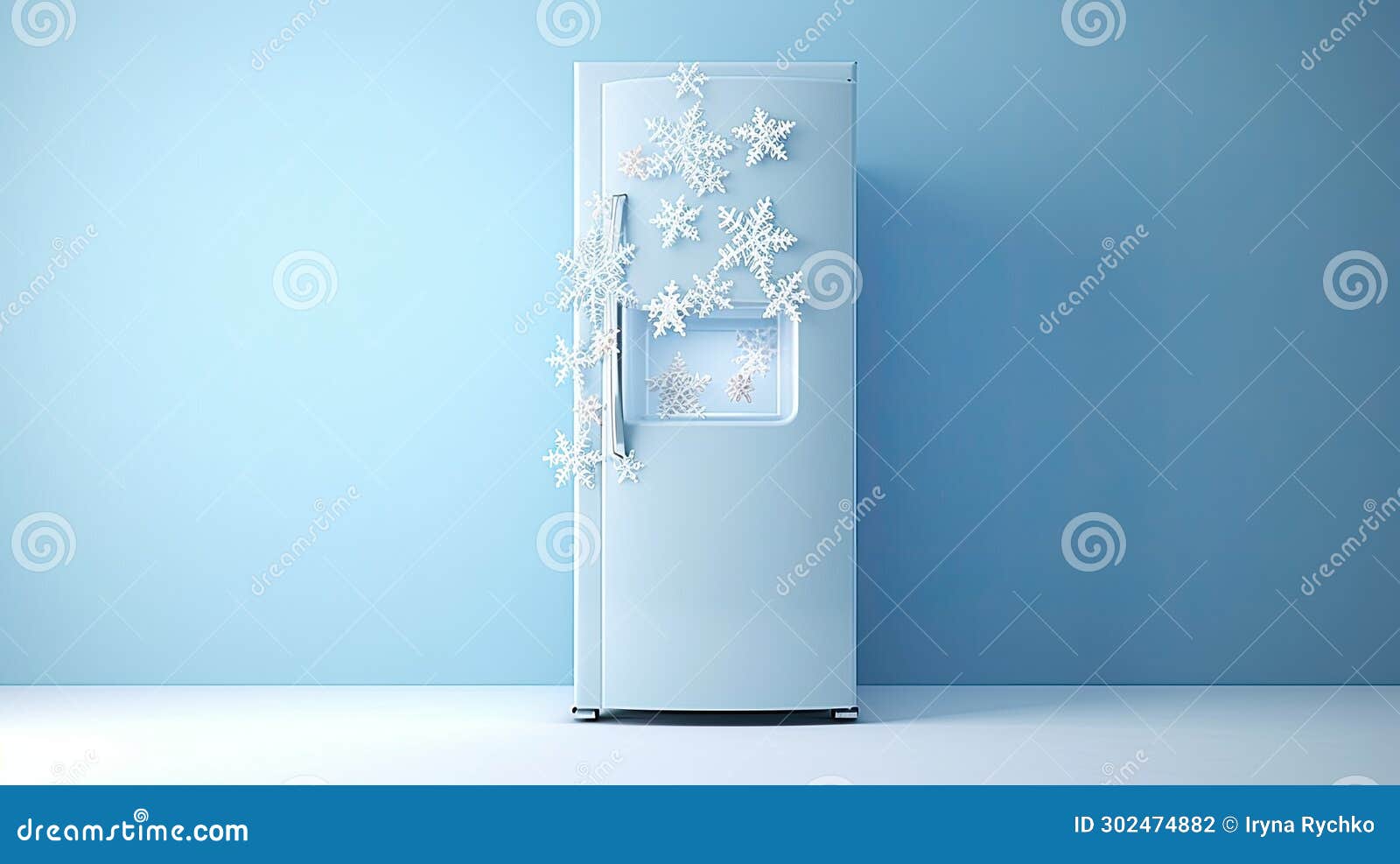Modern Fridge and Flying Snowflake on Light Blue Background Stock ...